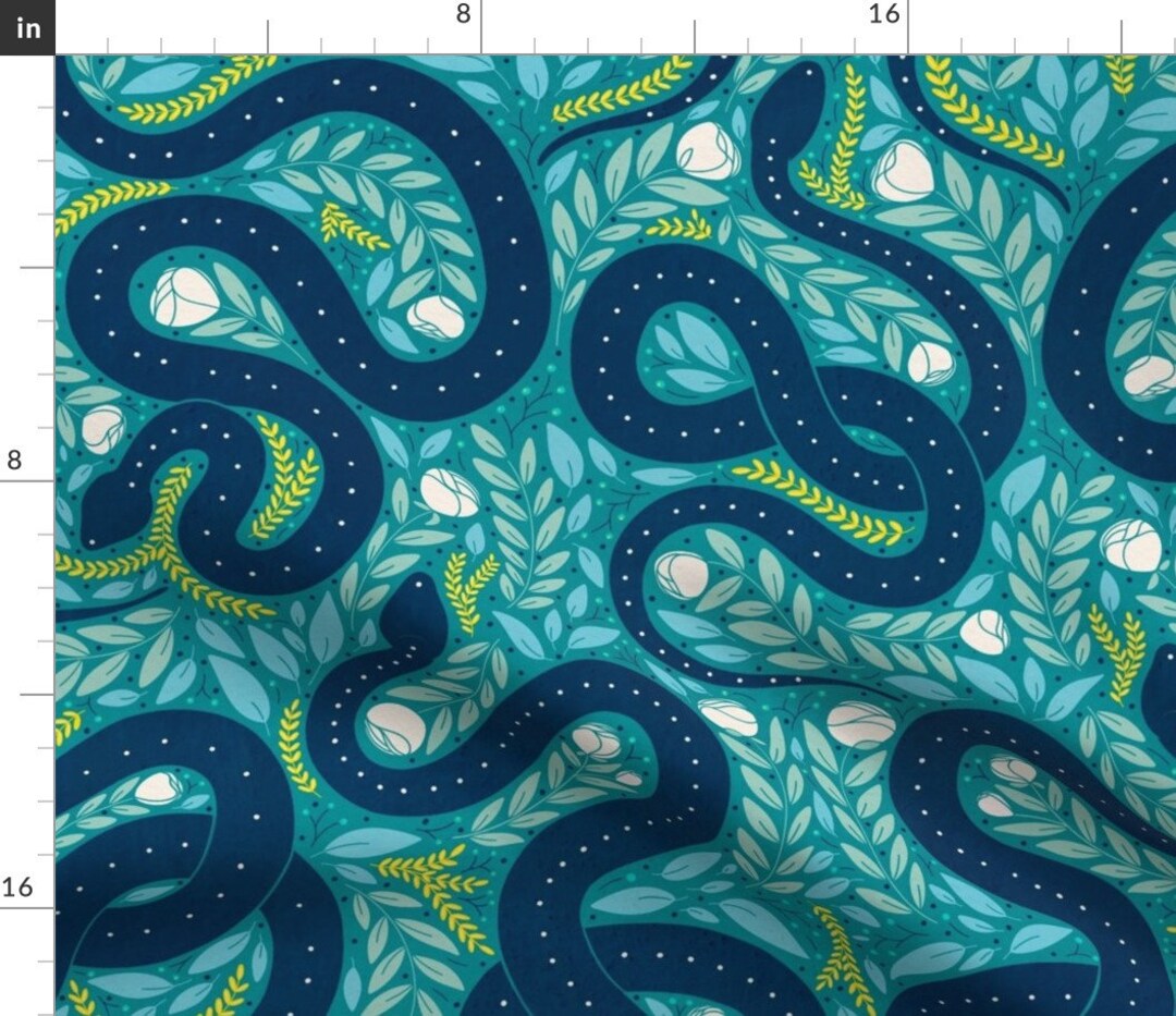 Reptiles Fabric Blue Snakes by Cassandra_oleary Blue Green Flora Leaves ...