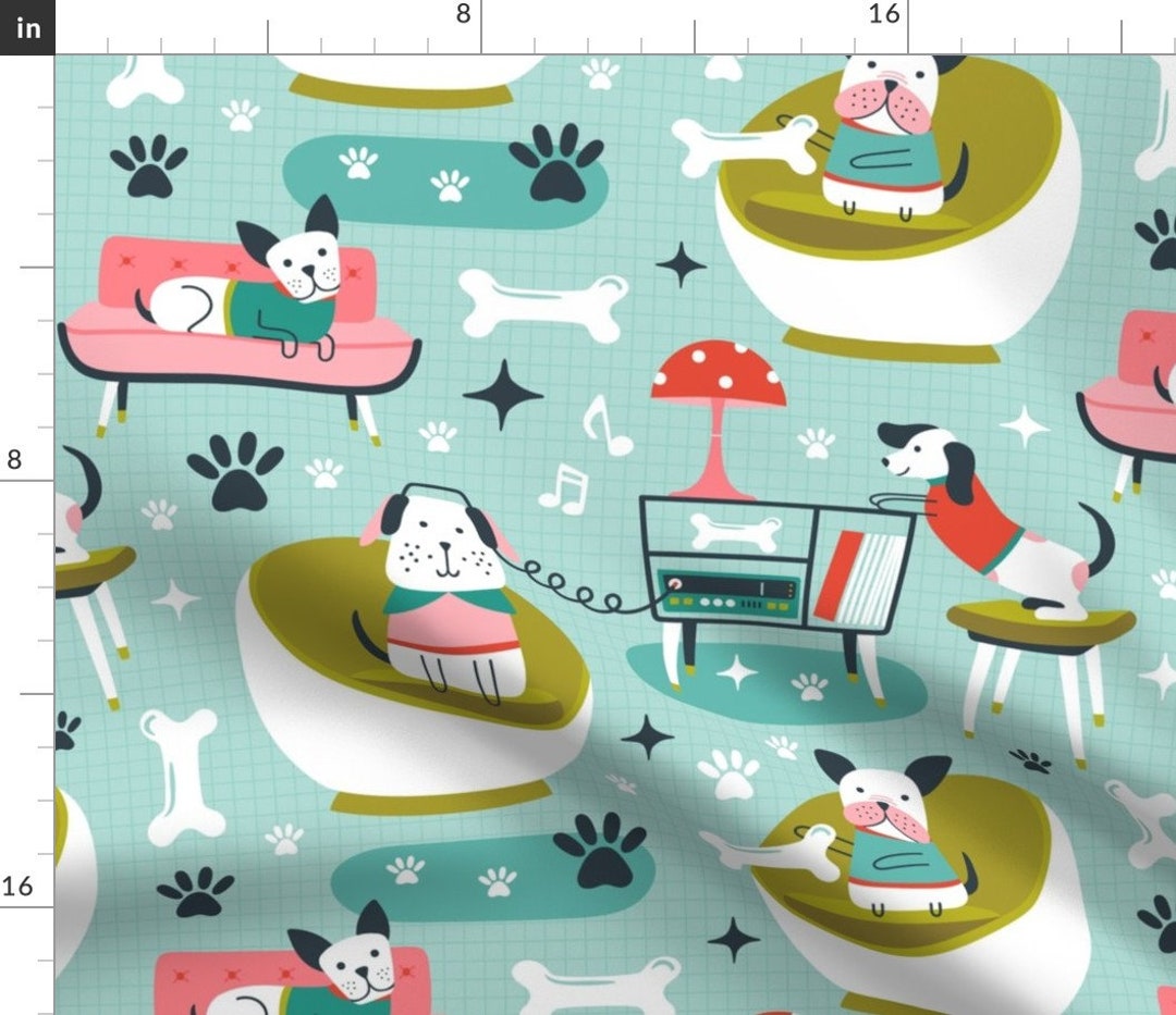 Mid Century Dogs Fabric Bark-haus Fun by Heatherdutton Aqua Mcm Dogs ...