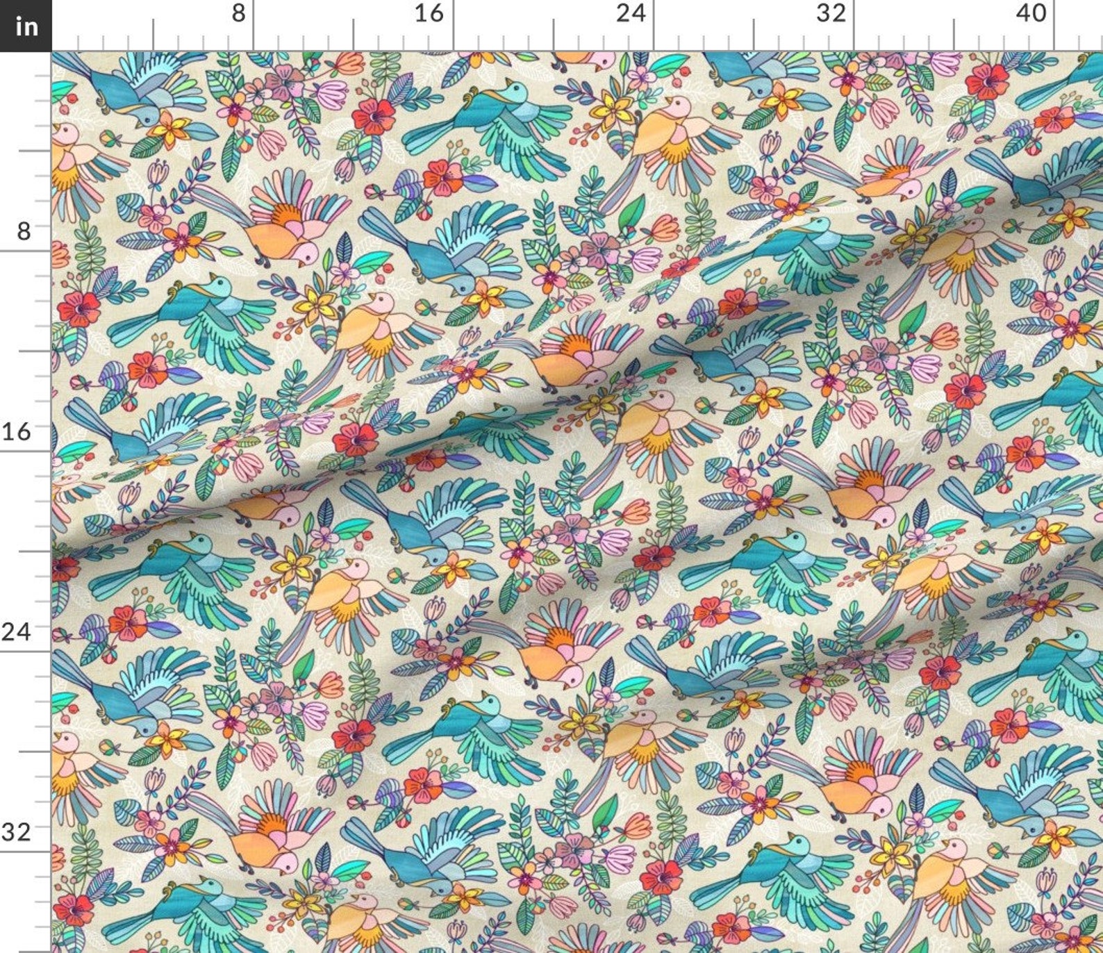 Birds And Flowers Fabric Whimsical Summer Flight Rotated By | Etsy