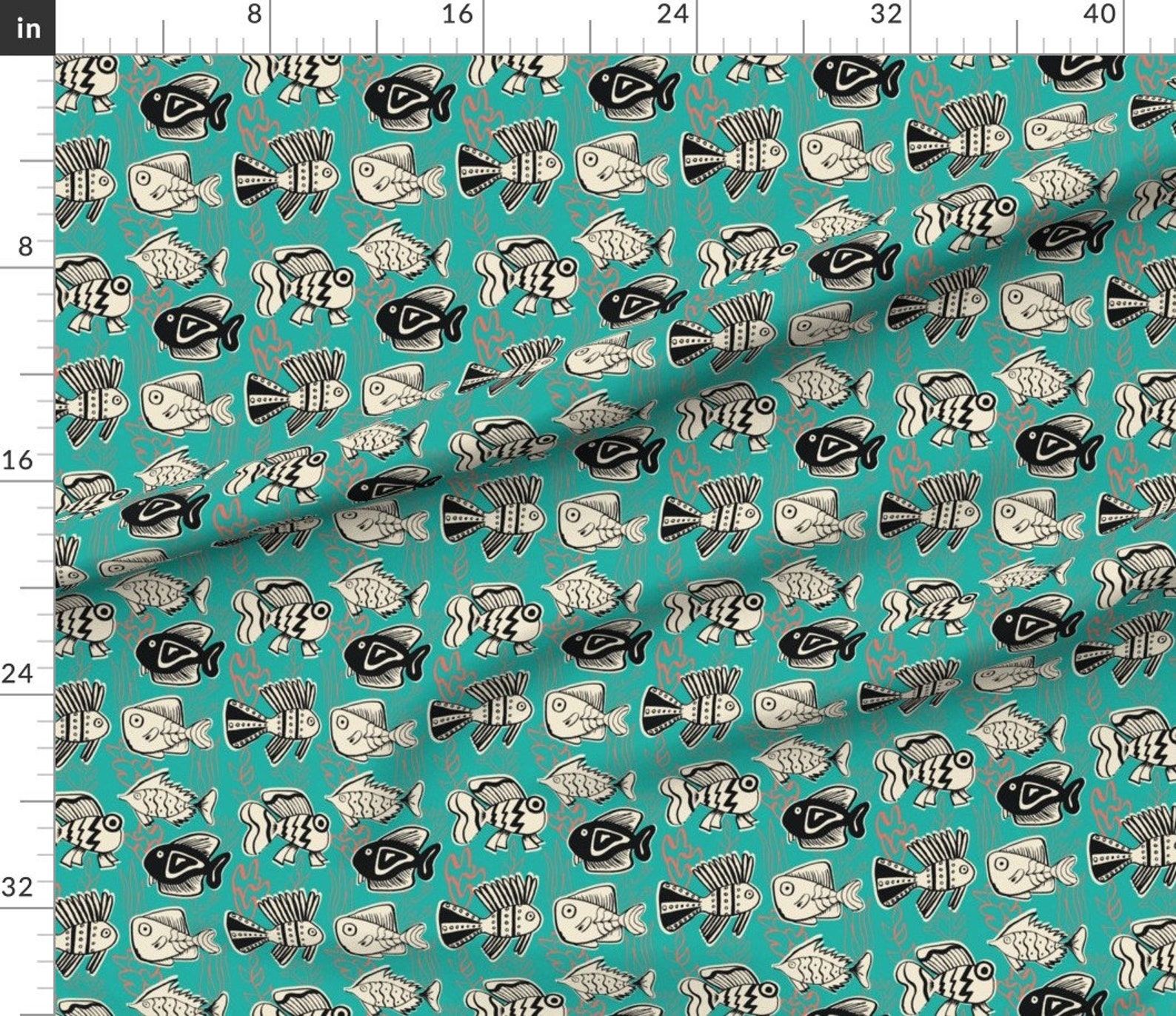 Teal Blue Cartoon School of Fish Fabric Funky Fish by Dk | Etsy