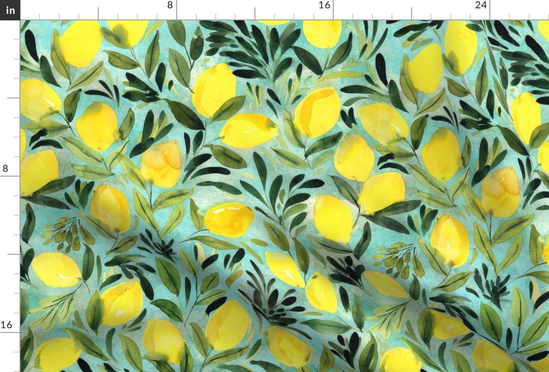 Lemons Fabric - Lemons on Teal Blue Watercolor by Rebecca Reck Art ...