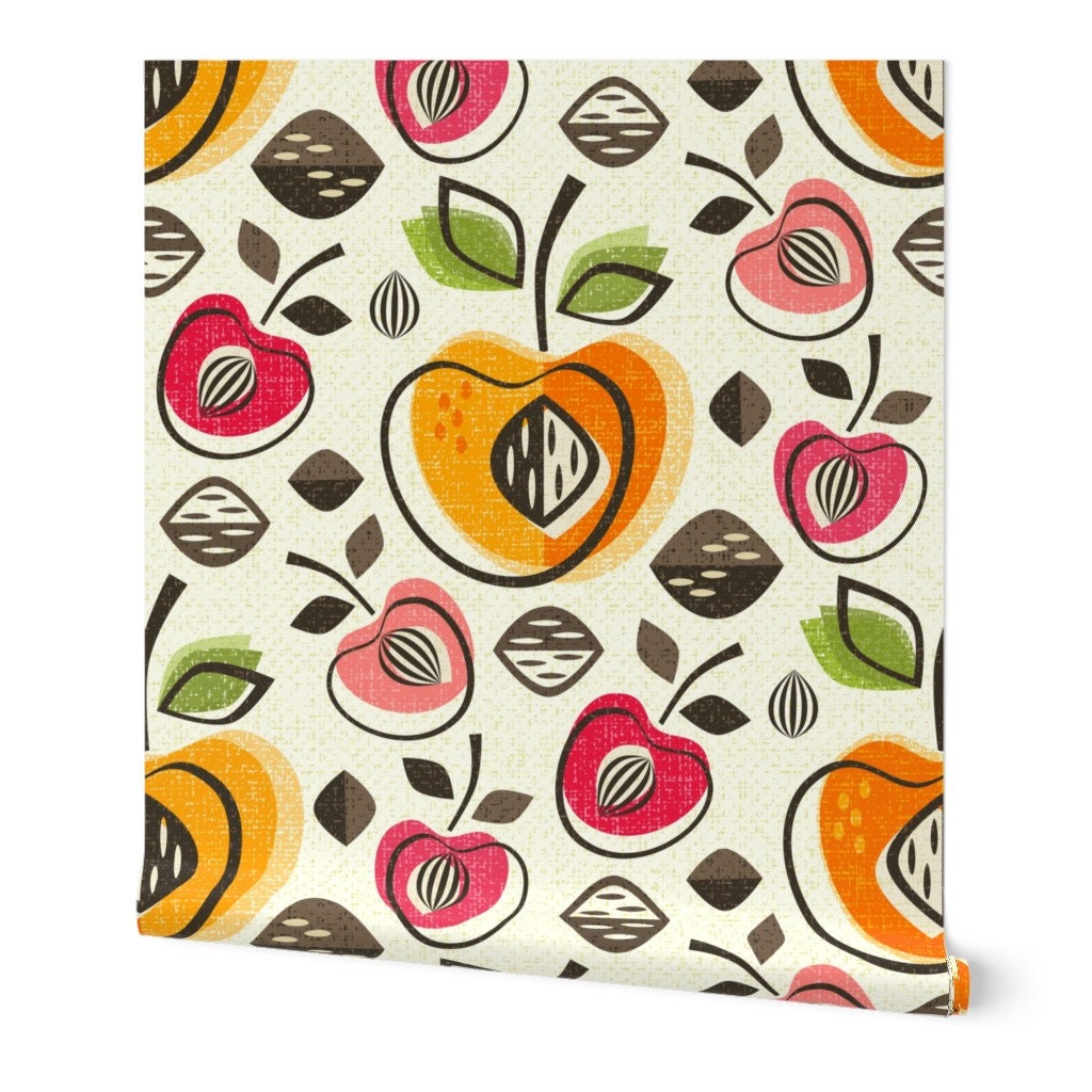 Retro Cherries Wallpaper Retro Cherries And Peaches By | Etsy