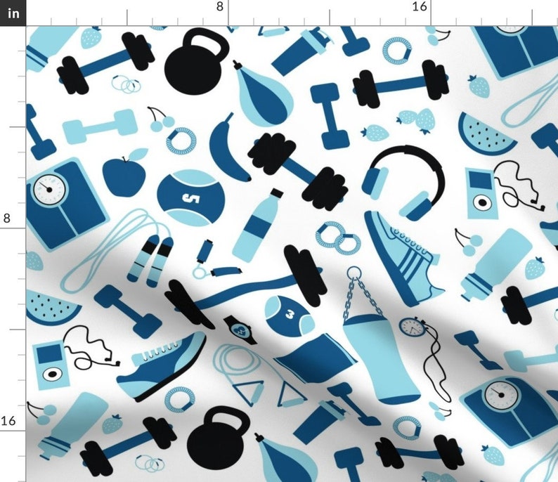 Blue Gym Equipment Fabric Time to Hit the Gym by Vintage - Etsy