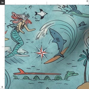 Nautical Map Fabric - Surfer Mermaid Map by Francisca_reyes - Shark ...