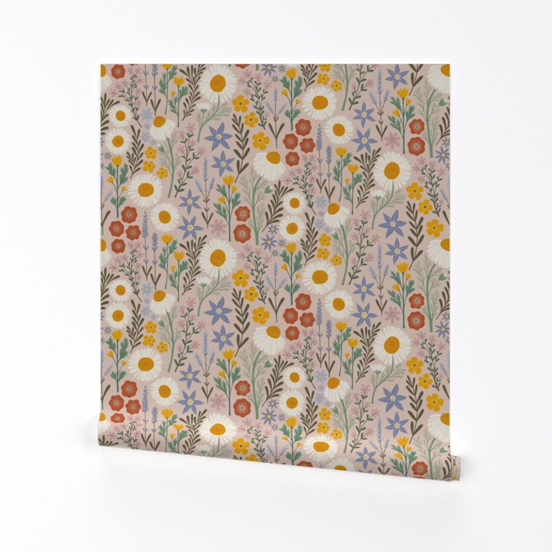 British Florals Wallpaper - British Spring Meadow by Handypanda - Blush ...