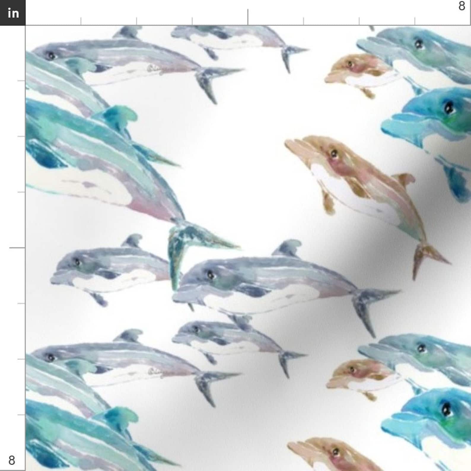 Watercolor Dolphin Fabric Blue Dolphins Swim by Lillyarts - Etsy