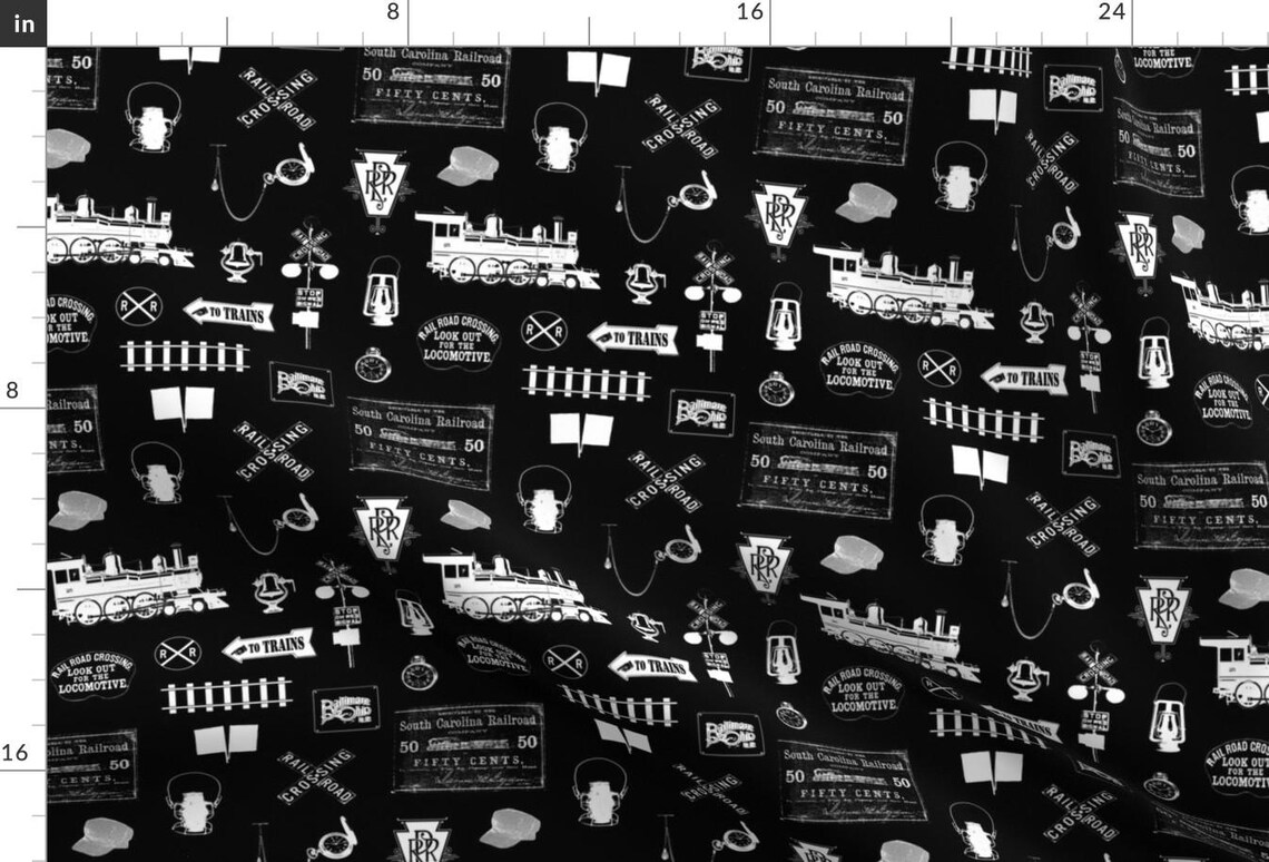 Trains and Railroad Fabric - Railroad Symbols on Black by Thin Line ...