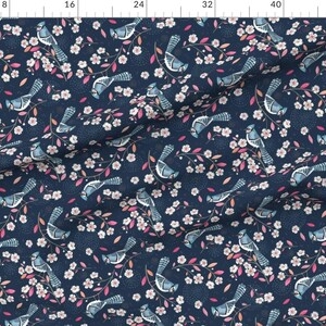 Blue Jay Fabric - Blue Jay by Marketa Stengl - Navy Bird Pink Floral ...
