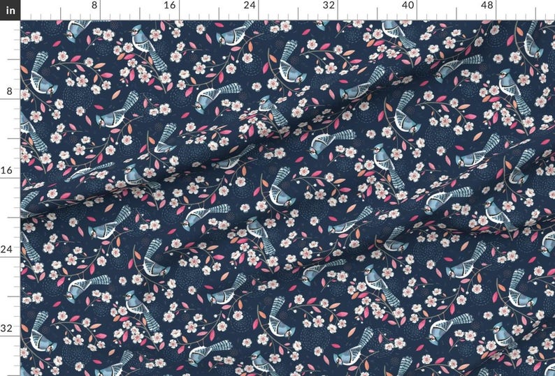 Blue Jay Fabric - Blue Jay by Marketa Stengl - Navy Bird Pink Floral ...