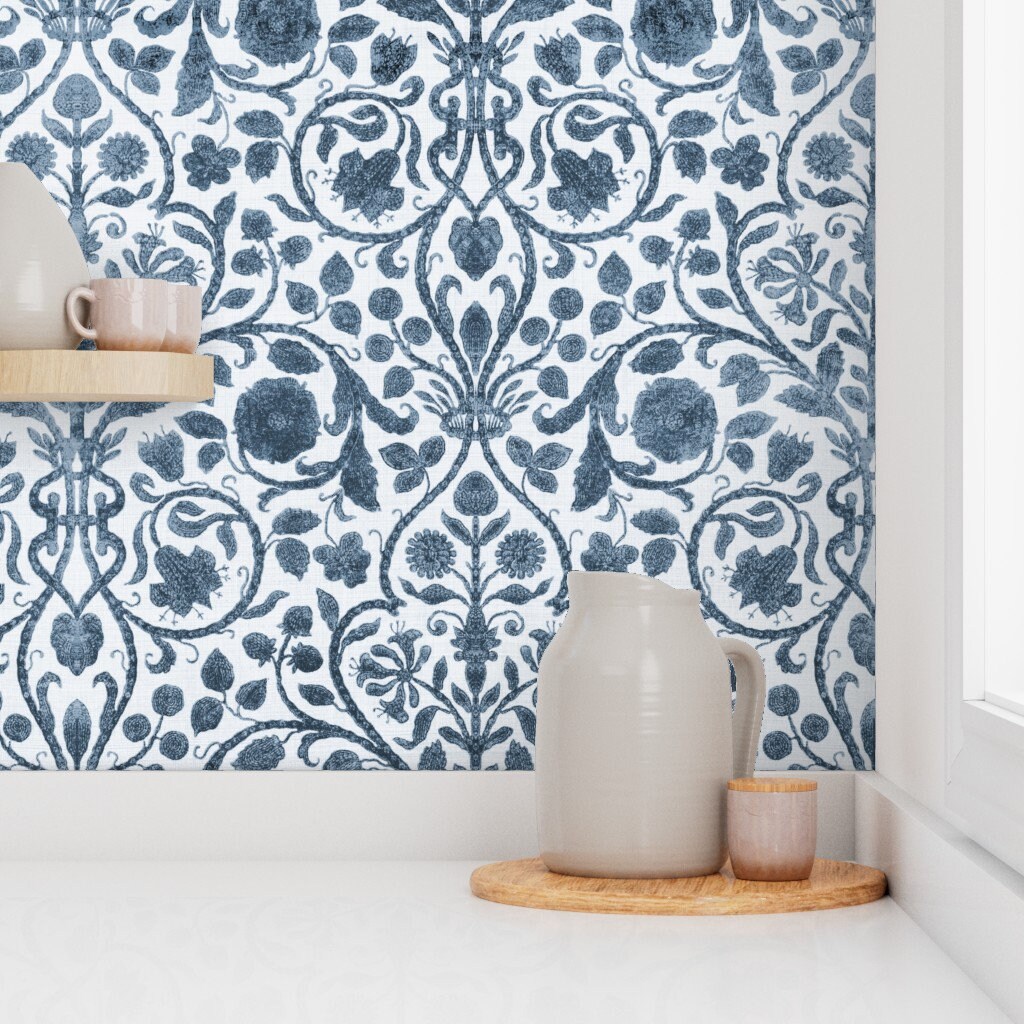 Blue Damask Wallpaper Provence Blue White by - Etsy