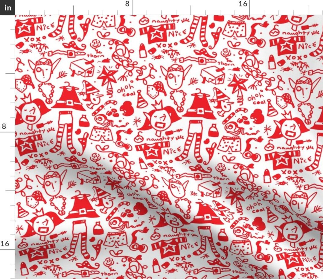 Elves Fabric Gangsta Elves Red on White by Cest La Viv Elves Naughty ...