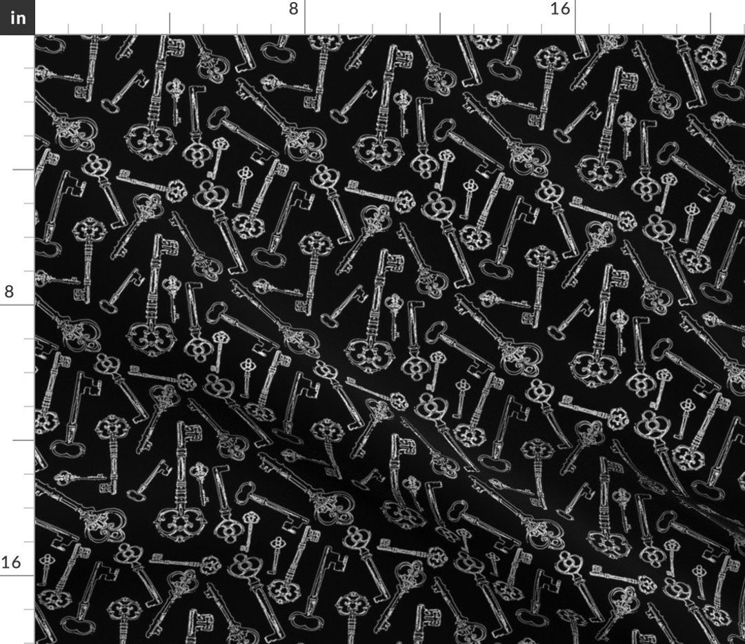 Skeleton Key Fabric Stylized Antique Keys on Black Small 2.5 by Thin ...