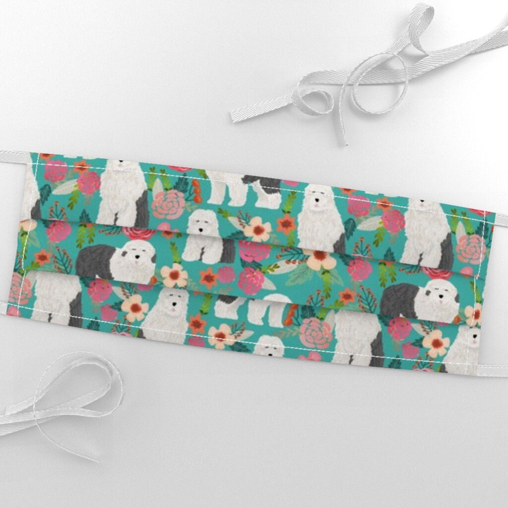 Sheepdog Fabric Old English Sheepdog Florals Flowers Teal by | Etsy