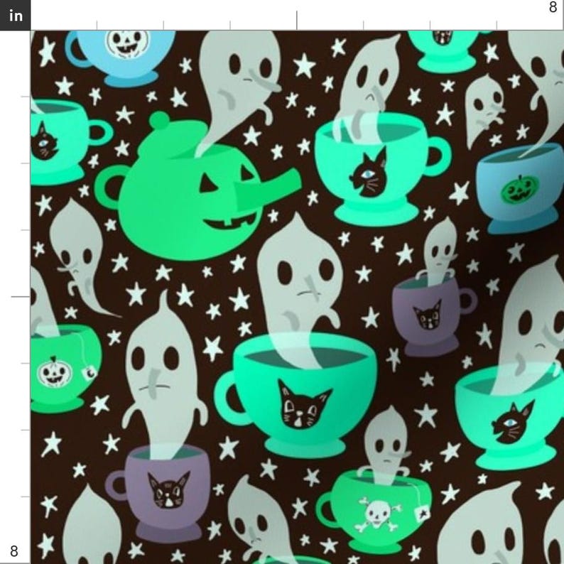 Ghost Coffee Fabric - Tea Cup Ghosts in Blues by Heidikenney - Ghost ...