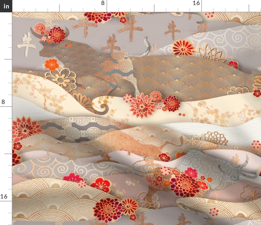 Red and Gold Ox Fabric Year of the Ox by Mido Studio 2021 - Etsy