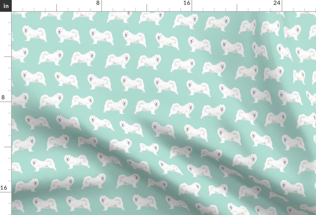 White Fluffy Dog Fabric - White Samoyed Dog Sled Dog Mint Blue by ...