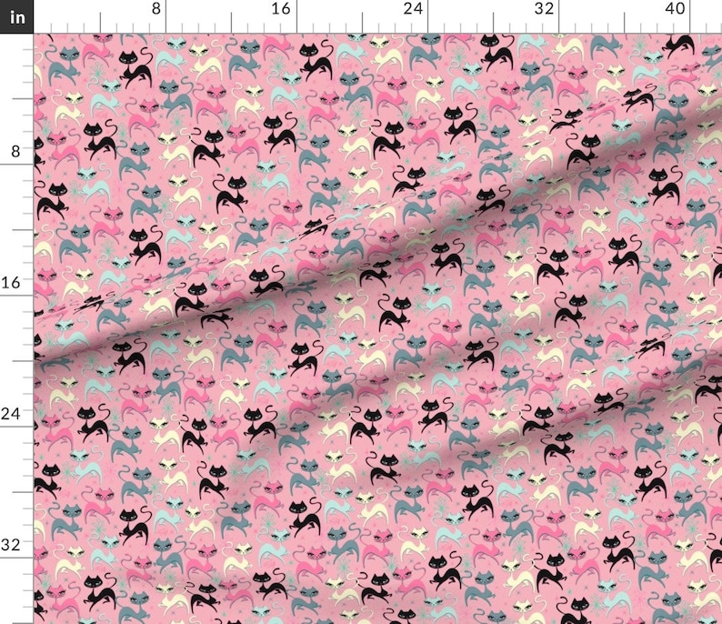 Mid Century Modern Fabric Prancing Kitten-fabric-pink by - Etsy