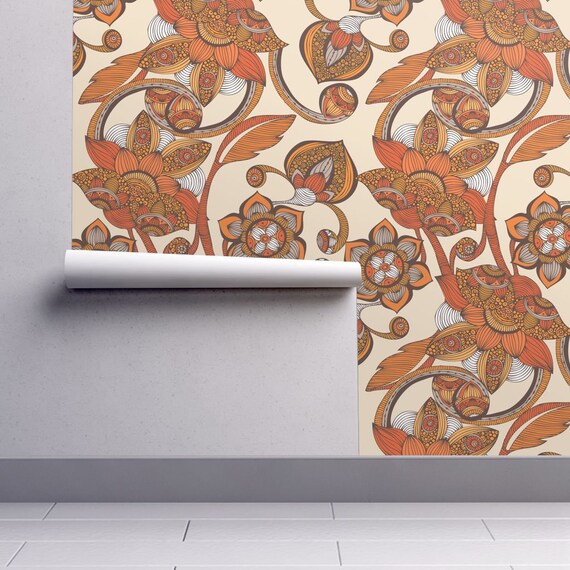 Orange Boho Floral Wallpaper Boho Orange By Valentinaharper | Etsy