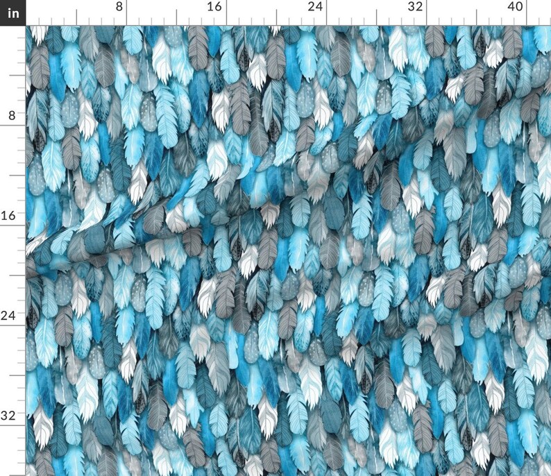 Blue Feathers Fabric Owl Feathers Blue by Xoxotique - Etsy