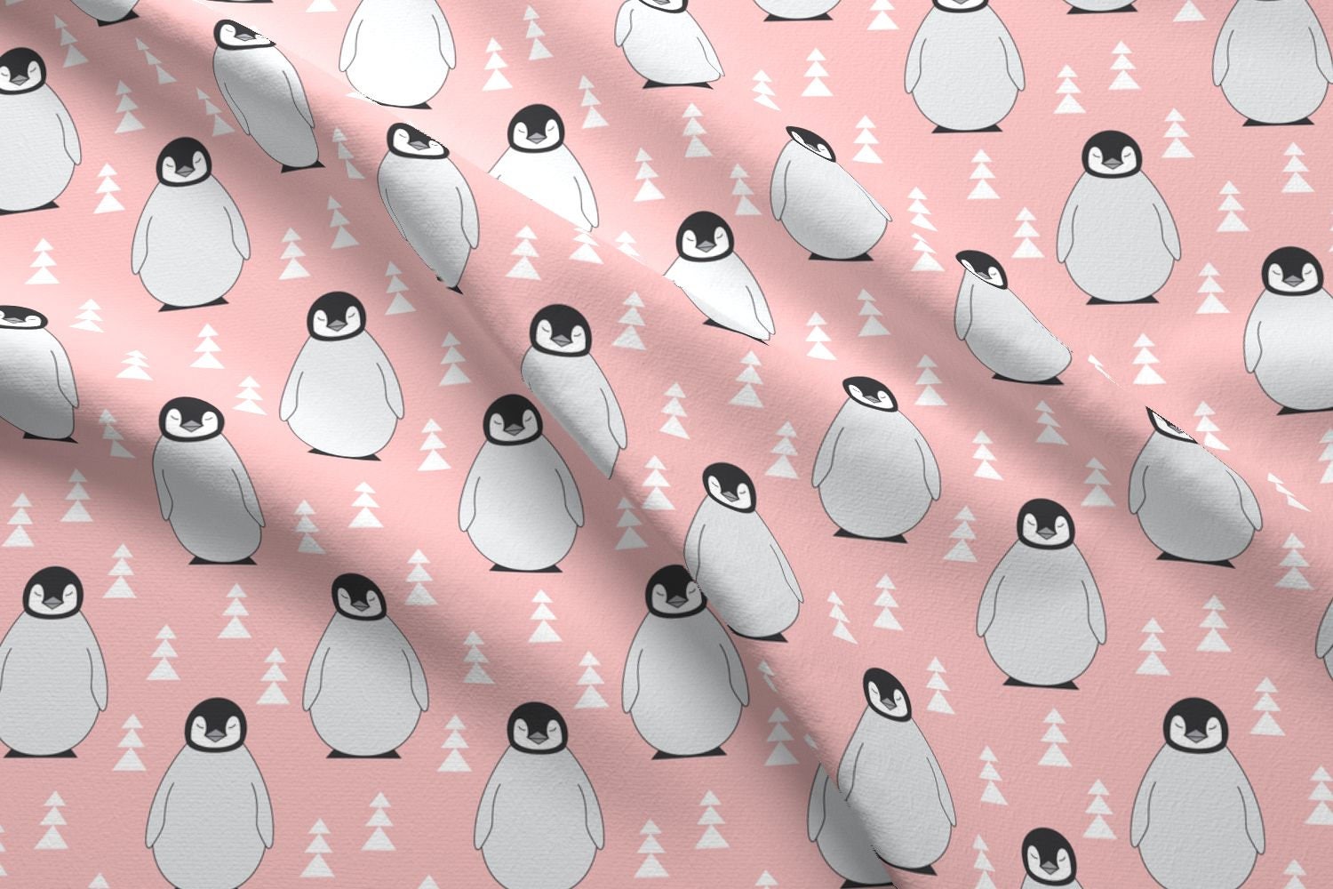 Baby Penguin Fabric Penguins With Triangle Trees Pink By | Etsy
