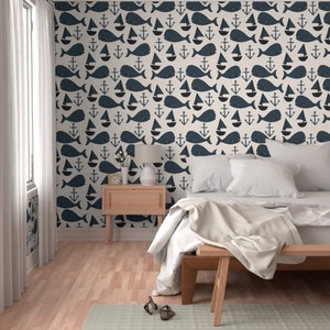 Nautical Whales Wallpaper Dark Navy Blue and Cream by Andrea Lauren ...