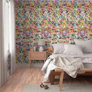 Bold Floral Wallpaper Bright Blooms Painted Floral by - Etsy