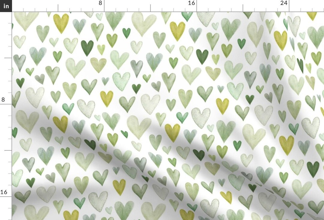 Watercolor Fabric - Sage Hearts Watercolor by Hipkiddesigns - Hearts ...