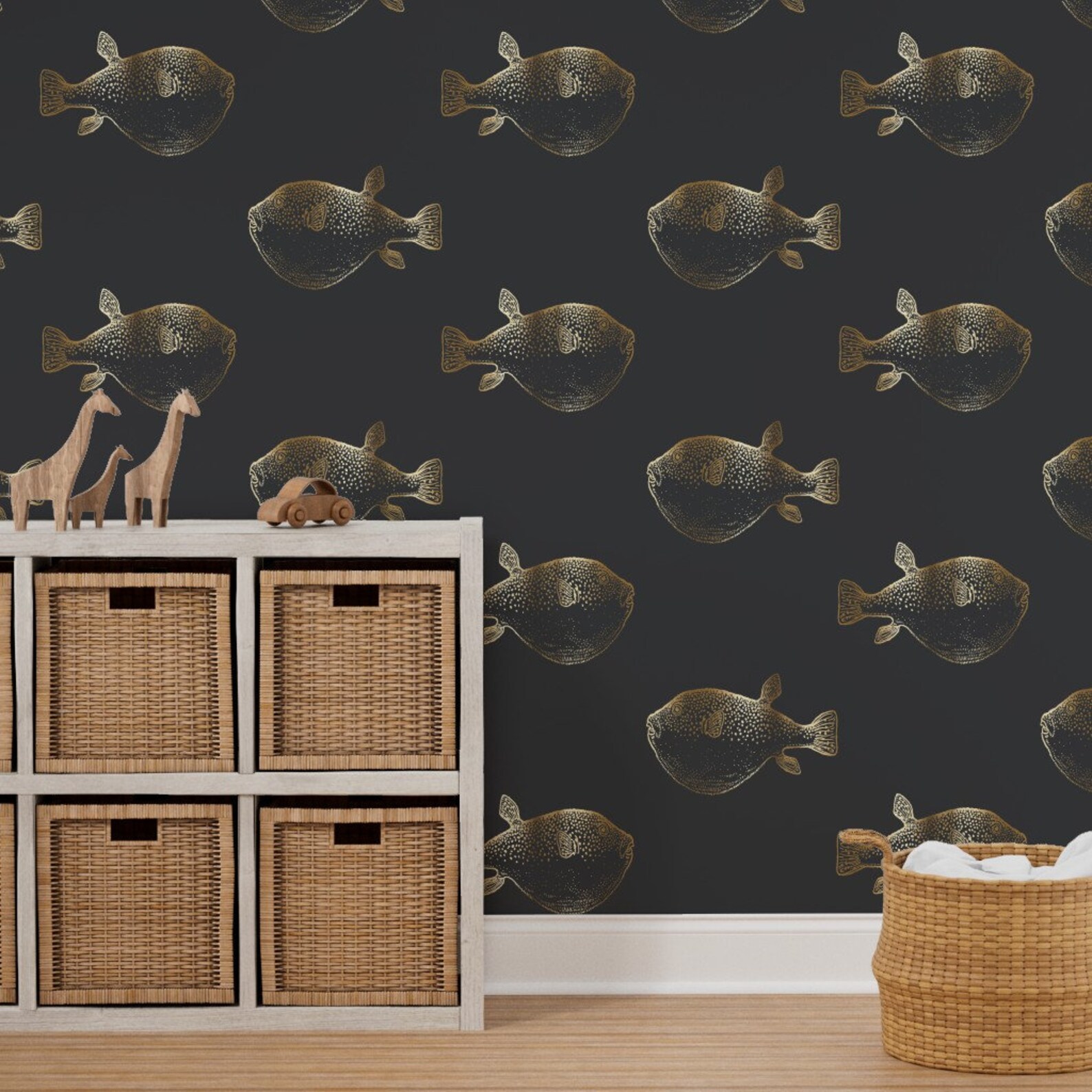 Gold Fish Wallpaper Puffer Fish Gold Gray Blowfish Large by - Etsy