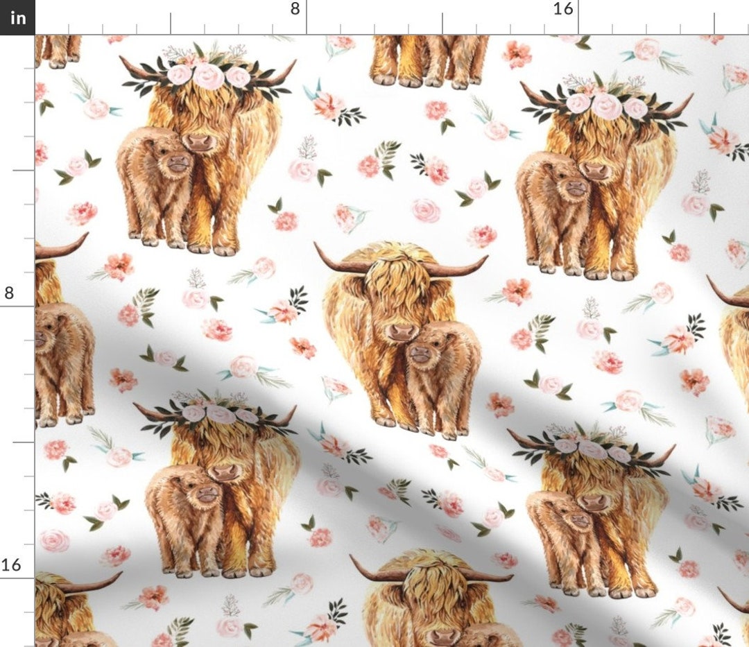 Floral Highland Cow Fabric Highland Cow by Karolina_papiez Scottish ...