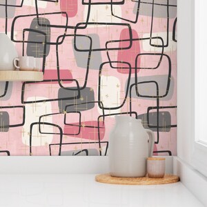 Mid-century Wallpaper Atomic Mcm Grid in Pink Parlor by - Etsy