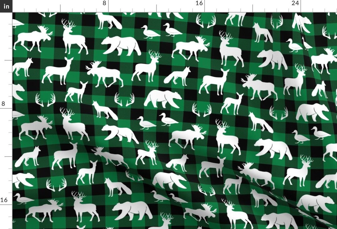 Green Plaid Fabric - Woodland Animals Green Plaid by Littlearrowdesign ...