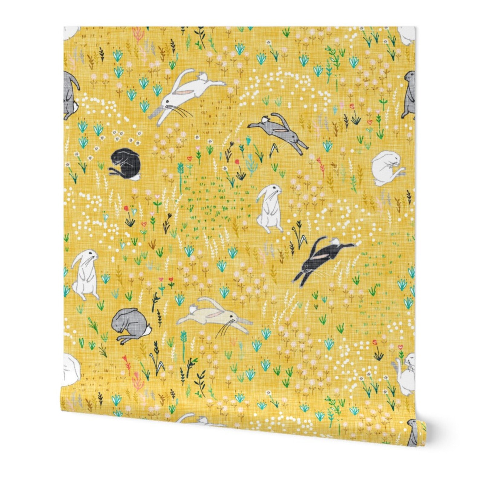 Rabbit Wallpaper Bunny Field Yellow by Nouveau Bohemian | Etsy