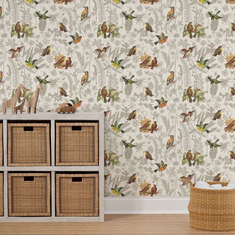 Bird Toile Wallpaper Birds off the Wall Toile Linen by - Etsy