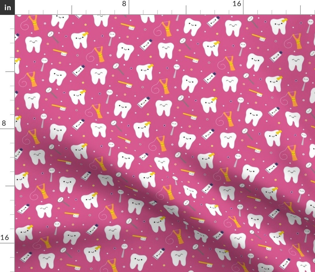 Tooth Fabric Happy Teeth Friends Dark Pink by Clayvision | Etsy