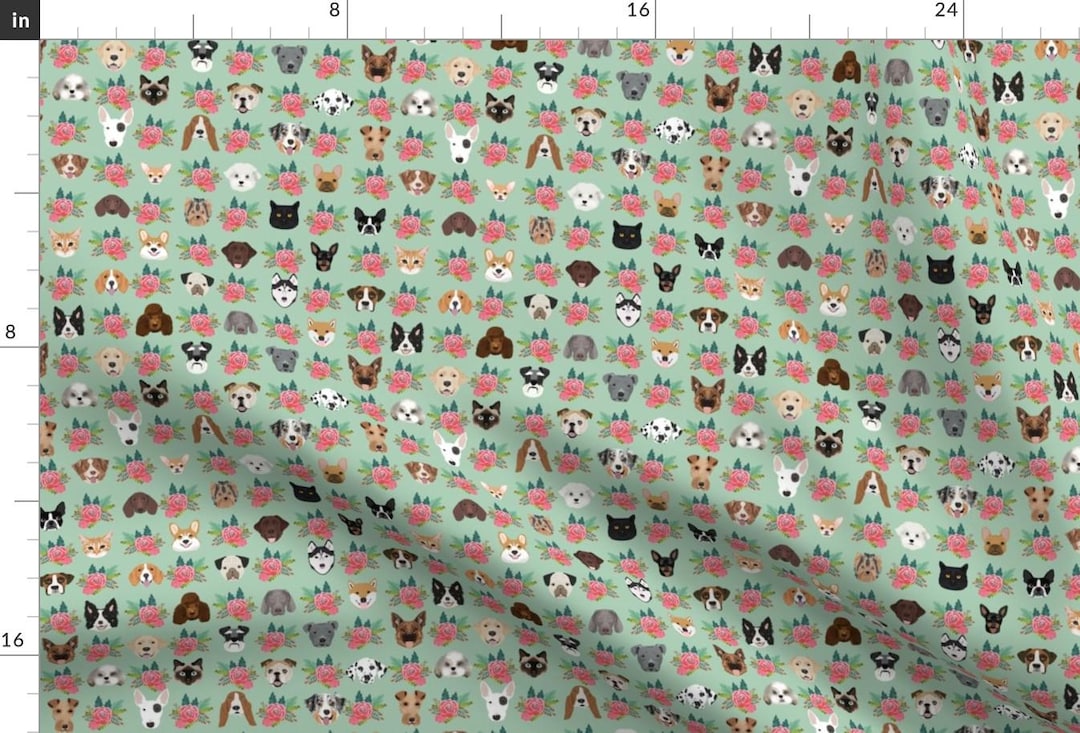 Dogs + Cats Fabric - Dogs and Cats Heads Florals Pet Lover Fabric Mint ...