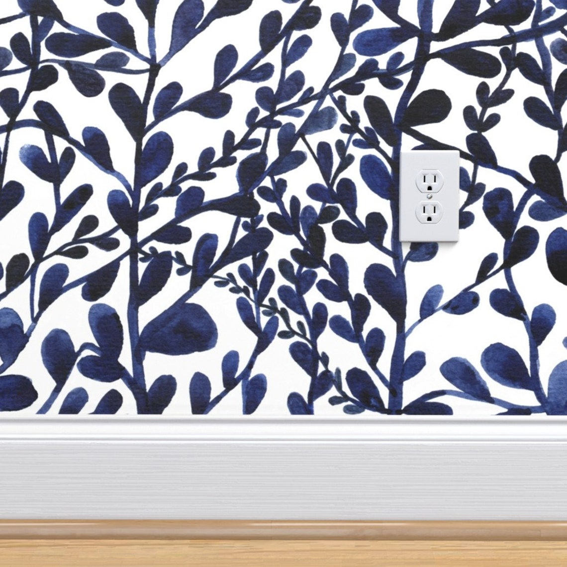 Botanical Wallpaper Navy Floral Leaves by Marjolein in - Etsy
