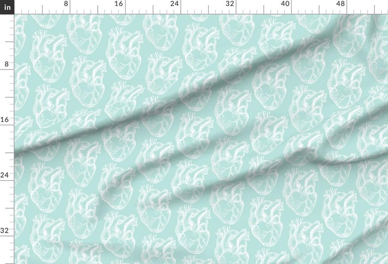 Heart Fabric - Hearts Anatomical White on Seafoam by Beththompsonart ...