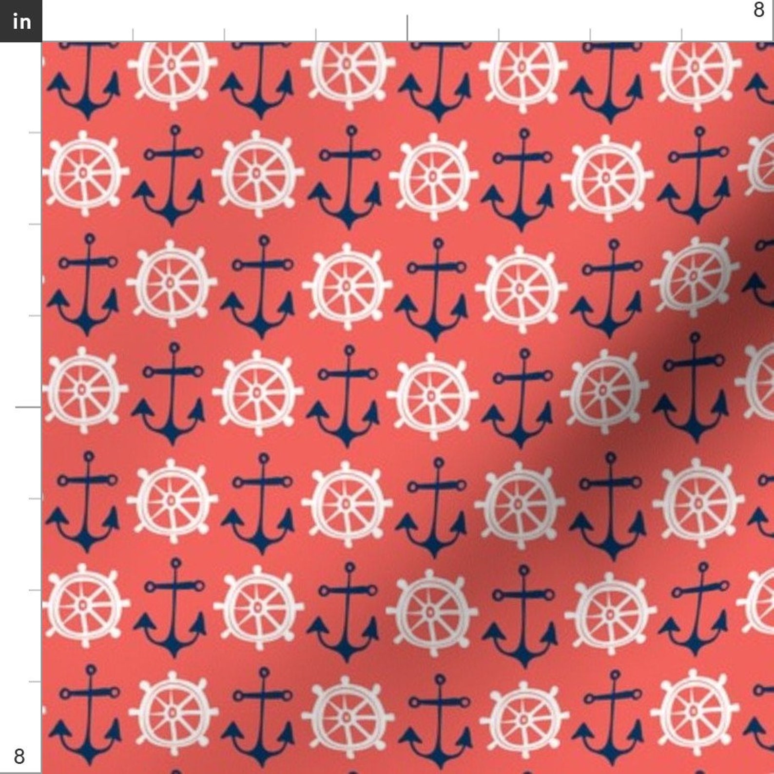 Nautical Fabric Anchors Away Captains Wheel Nautical Red | Etsy