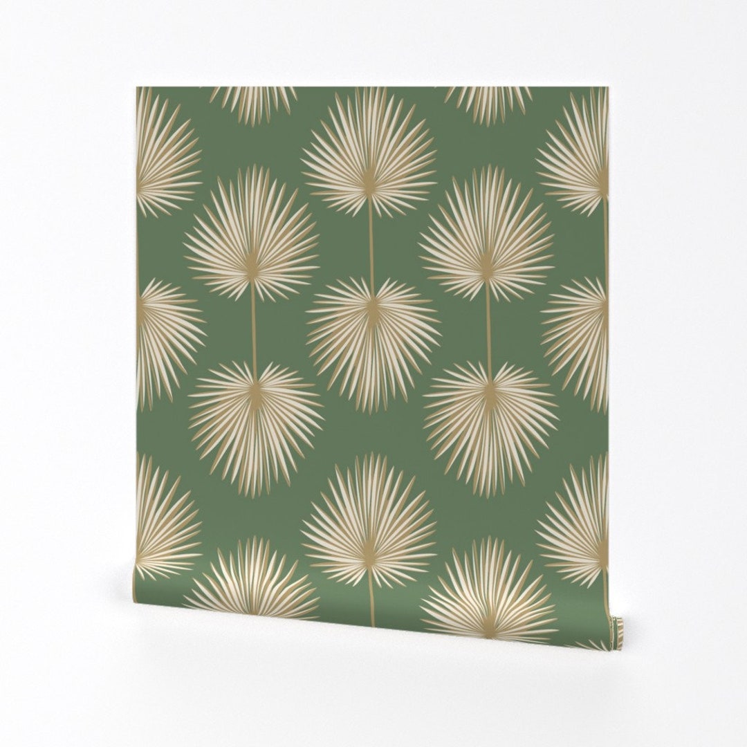 Cream Palm Fronds Wallpaper Coastal Green by Deborahrichmond - Etsy