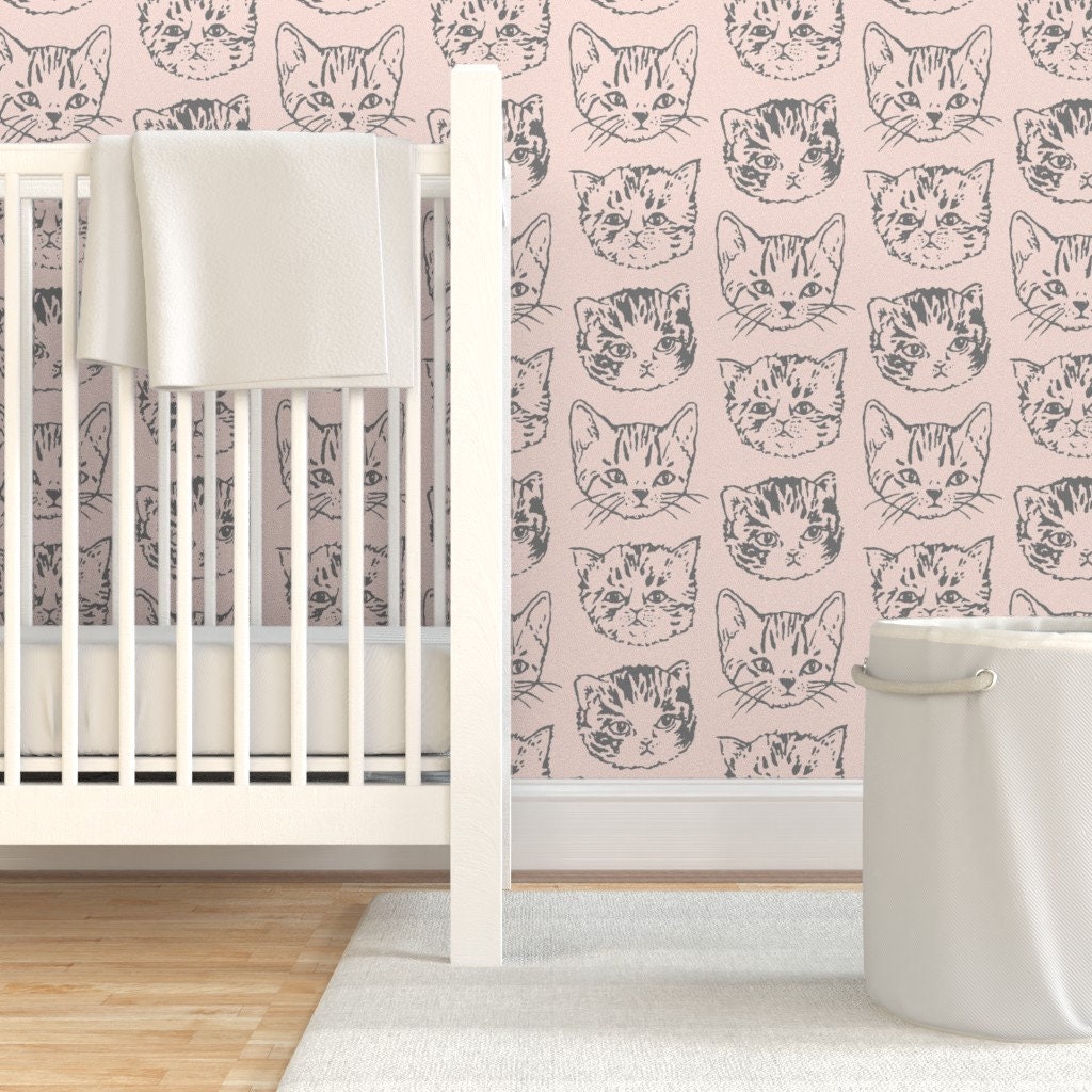 Pink Cat Wallpaper Cat Stack Grey on Peach by | Etsy
