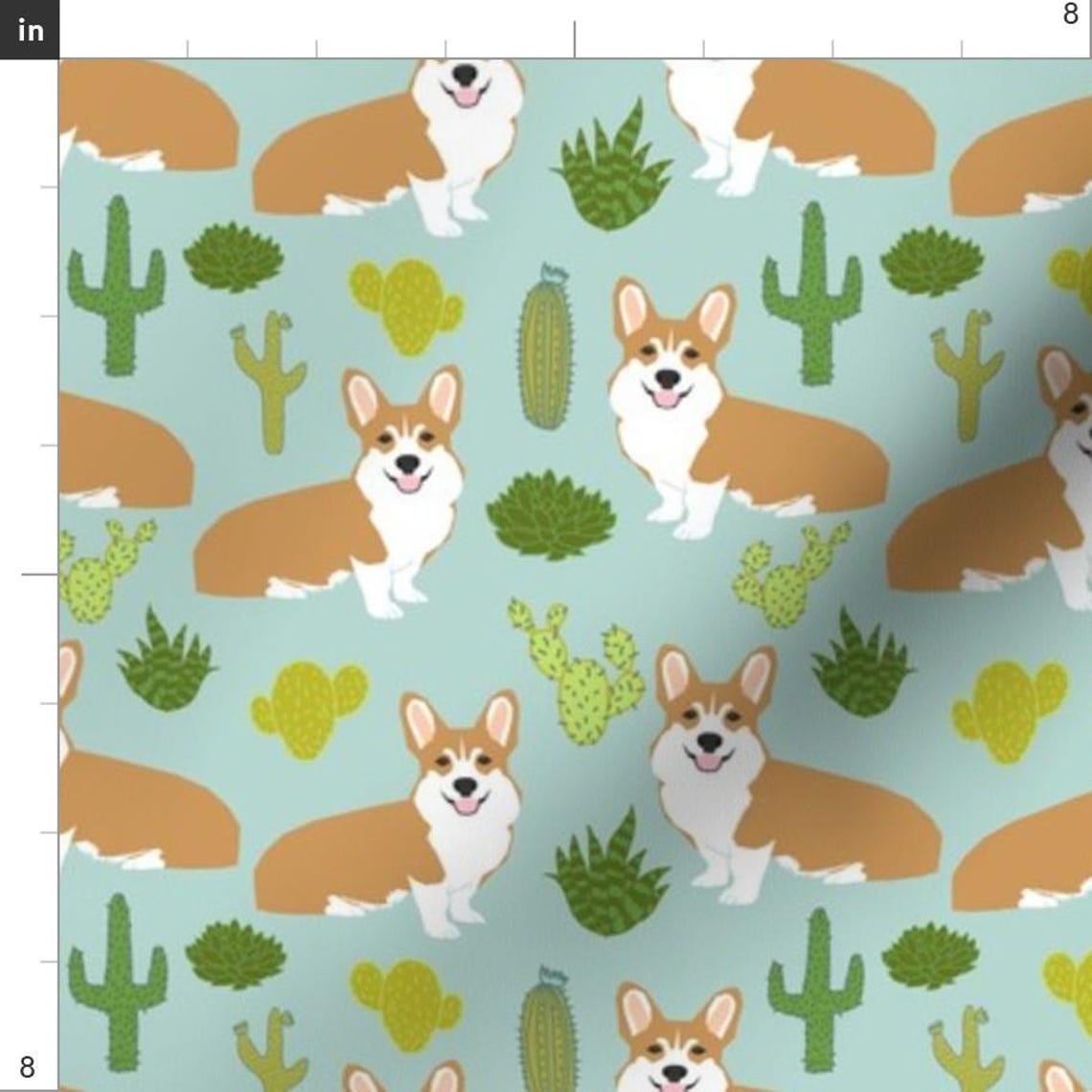 Corgi Fabric - Corgi Cactus Mint Dog Fabric by Petfriendly - Corgi and ...