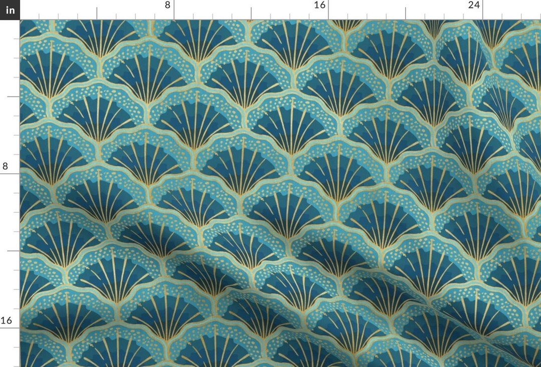 Art Deco Shell Fabric - Art Deco Seashell by Fischkandi - Teal Scallop ...