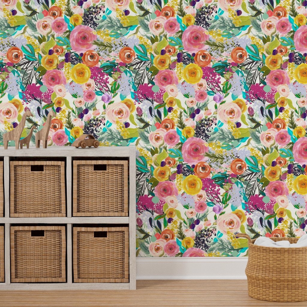 Big Floral Wallpaper Autumn Blooms Giant // Bright by - Etsy