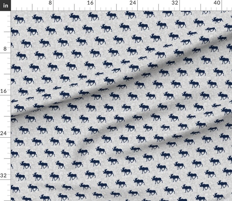 Moose Fabric Navy Moose on Light Gray Linen by - Etsy