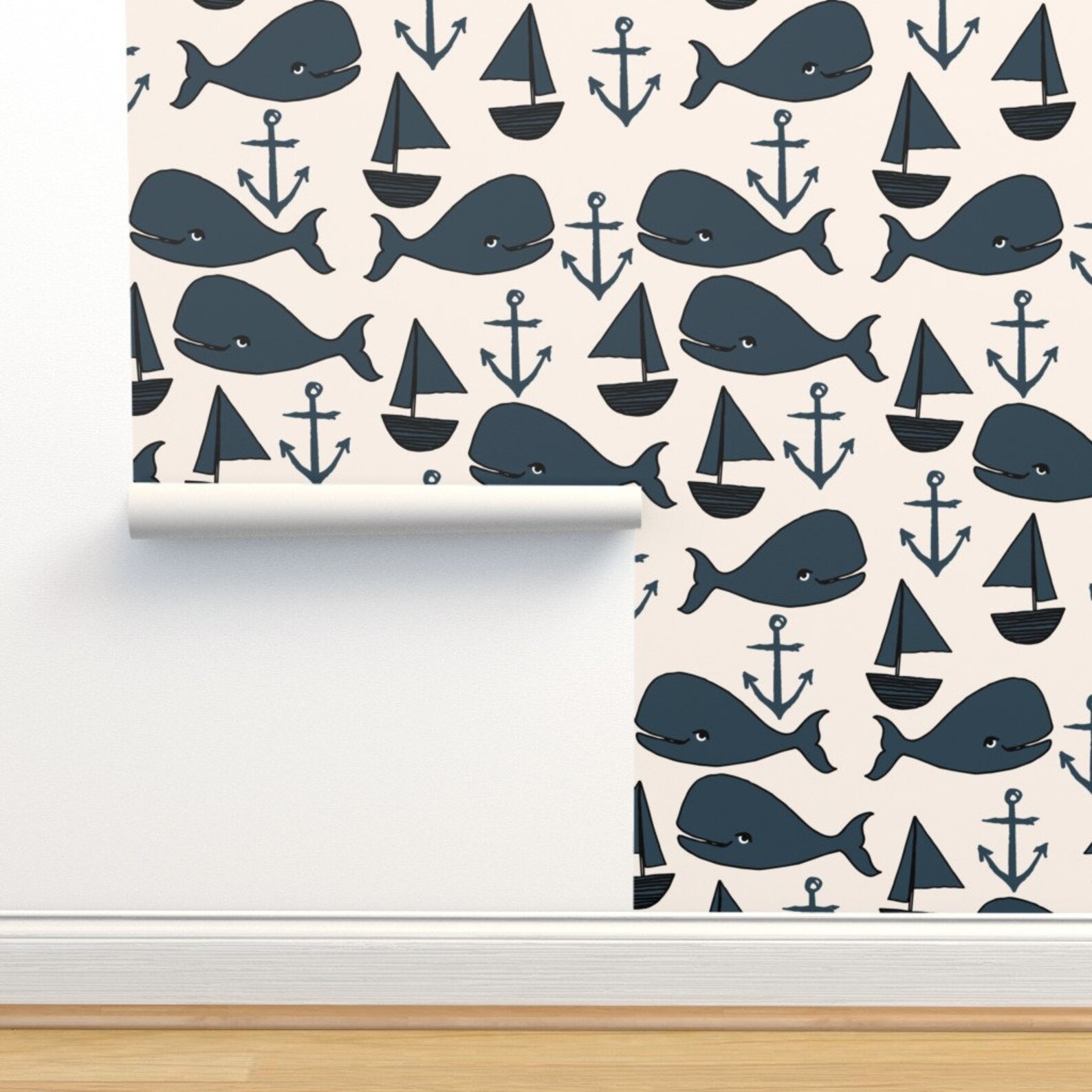 Nautical Whales Wallpaper Dark Navy Blue and Cream by Andrea - Etsy