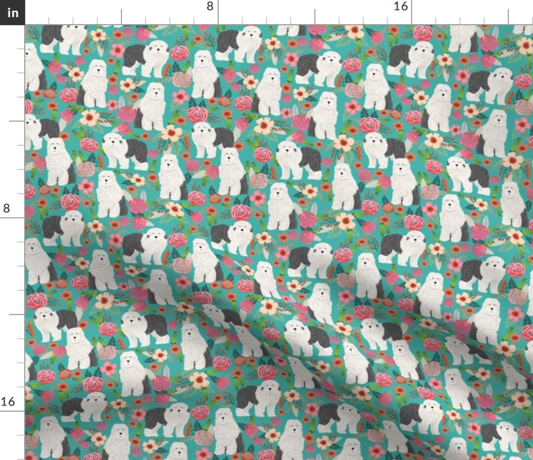 Sheepdog Fabric Old English Sheepdog Florals Flowers Teal by - Etsy