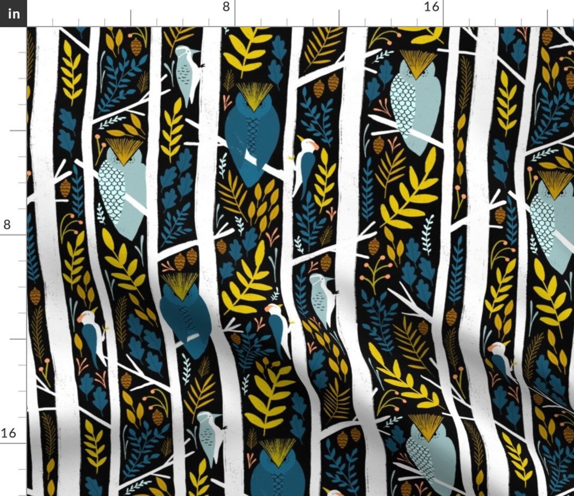 Woodpecker Floral Woods Fabric Horned Owl and Woodpecker by - Etsy