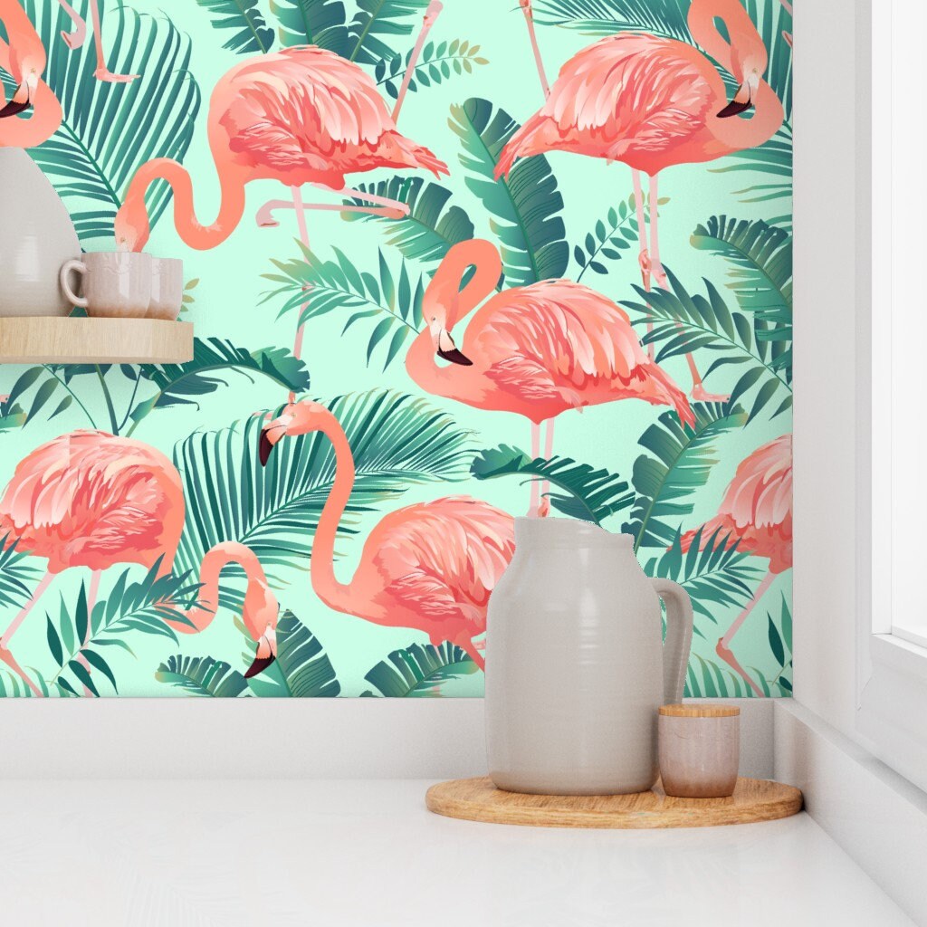 Flamingo Wallpaper Pink Flamingos on Teal Tropical by Khaus - Etsy