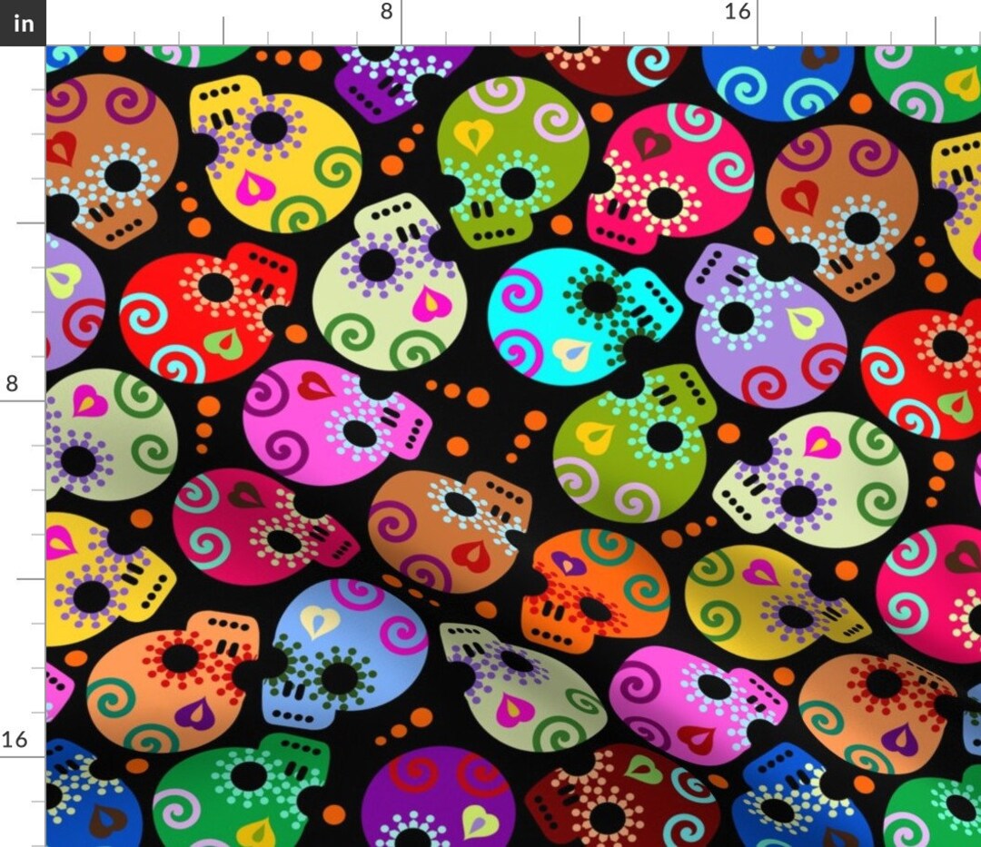 Sugar Skull Fabric Day of the Dead Skulls Black Medium by - Etsy