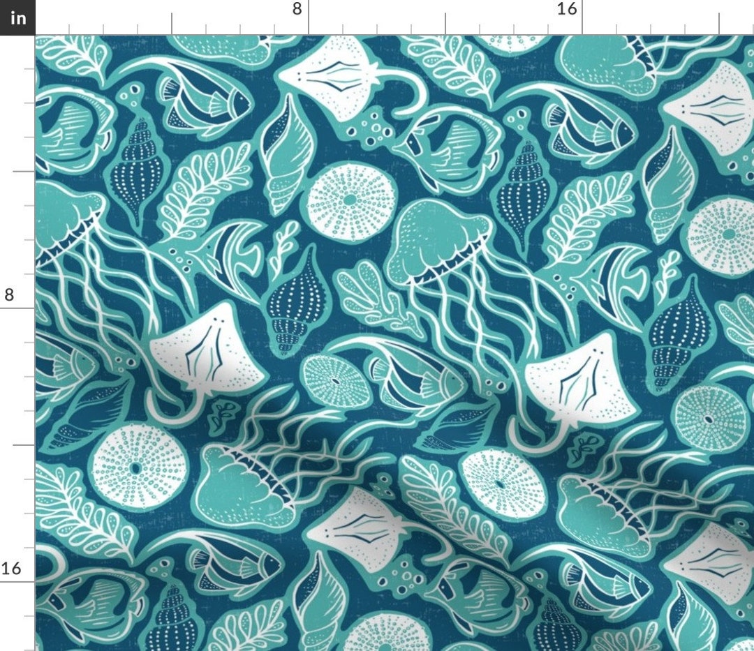 Nautical Fabric Sea Life Navy Blue Aqua By Heatherdutton Nautical ...